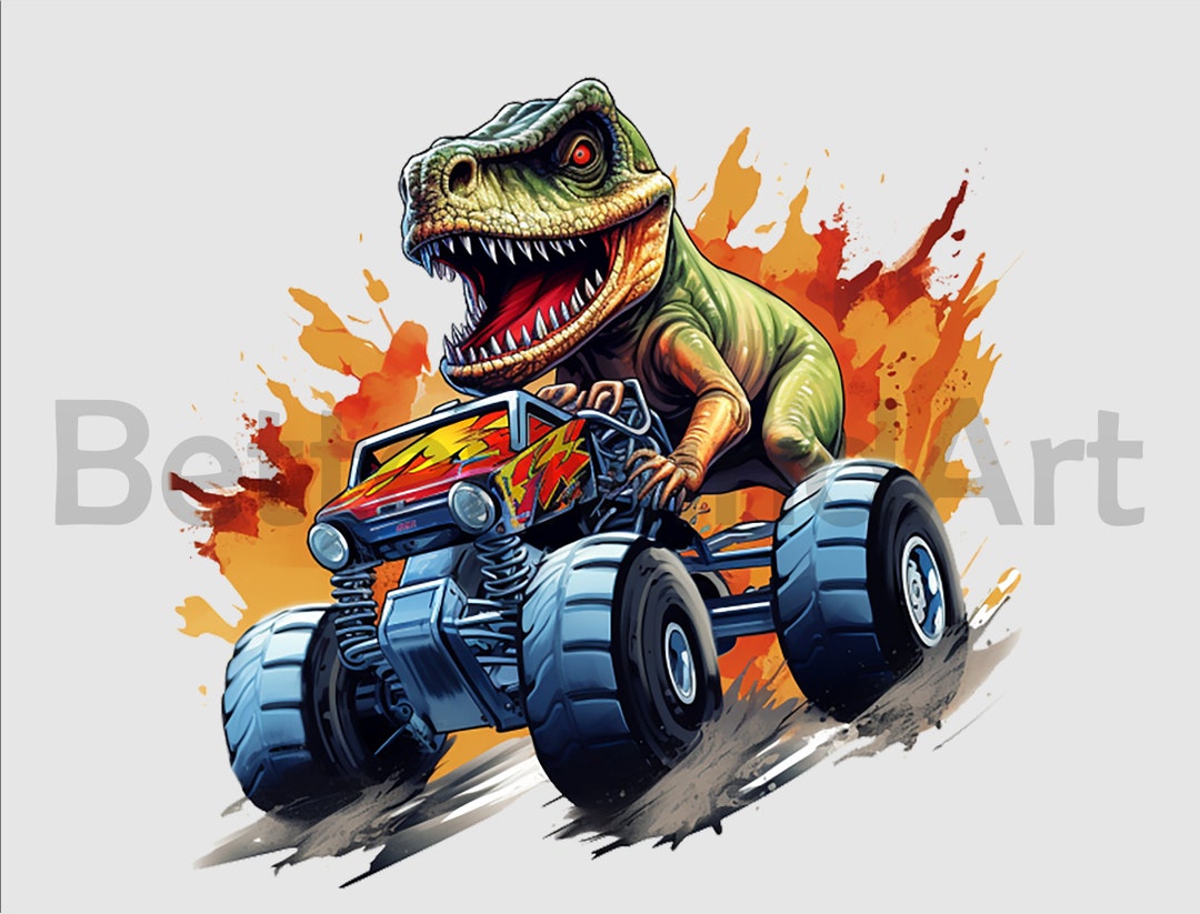 Crazy Dinosaur Driving Monster Truck Sublimation Designs - Monster ...