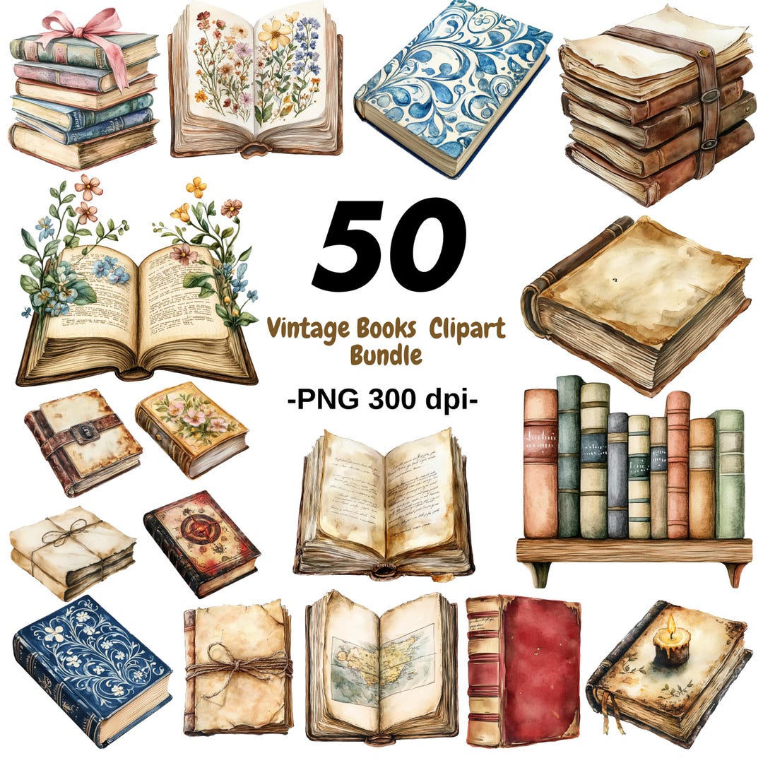 Vintage Books Clipart Bundle PNG | 50 Watercolor Book Illustrations ...