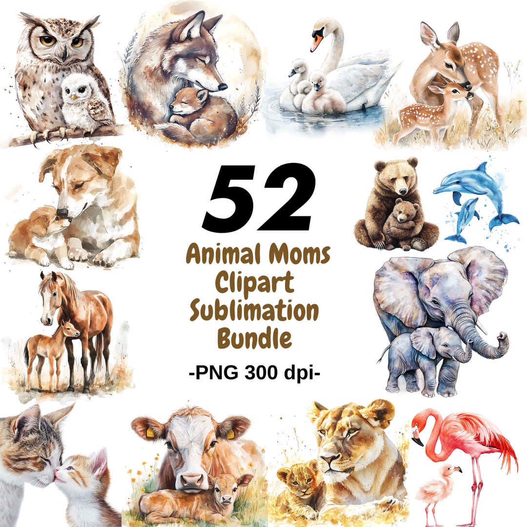 52 Animal Moms Clipart Sublimation Bundle PNG | Watercolor Mother and ...