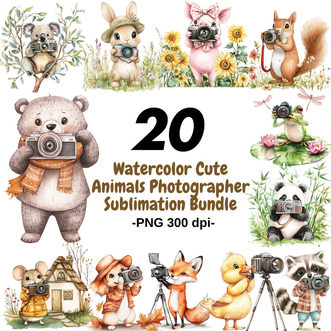 20 Watercolor Cute Animals Photographer Clipart Bundle PNG | Funny ...