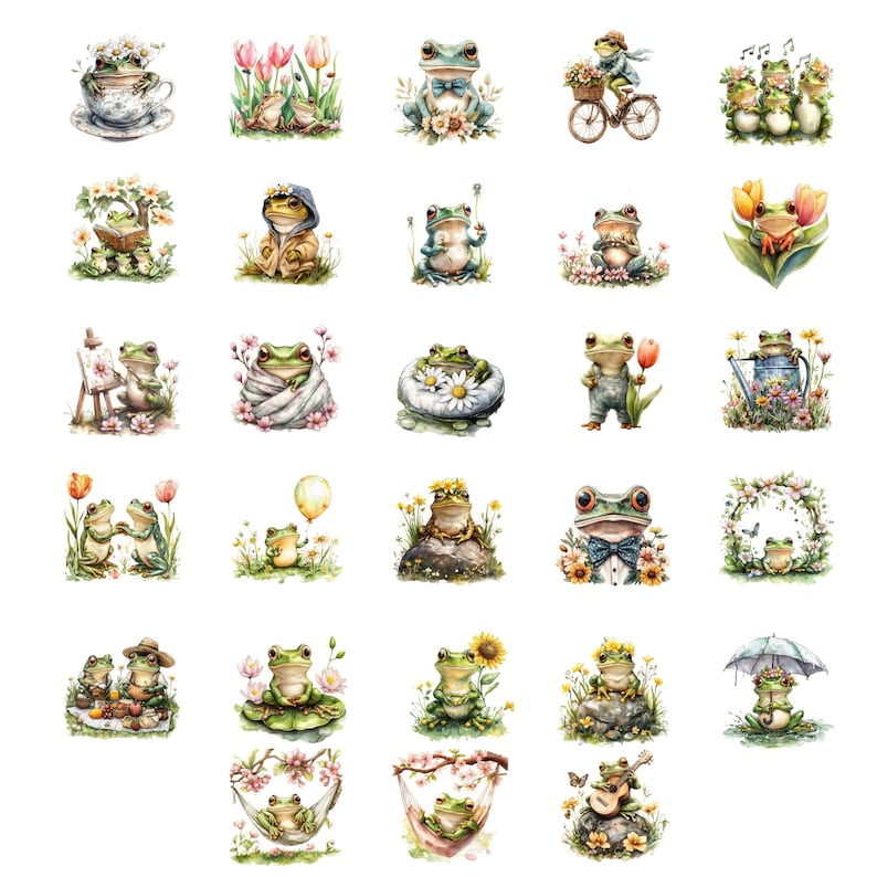 Watercolor Spring Frogs Clipart Bundle | 28 Cute Frog PNG Illustrations ...