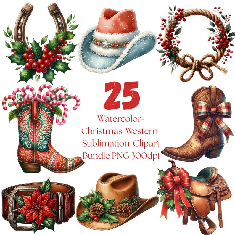 25 Watercolor Christmas Western Clipart Bundle PNG | Cowboy Boots Hats ...