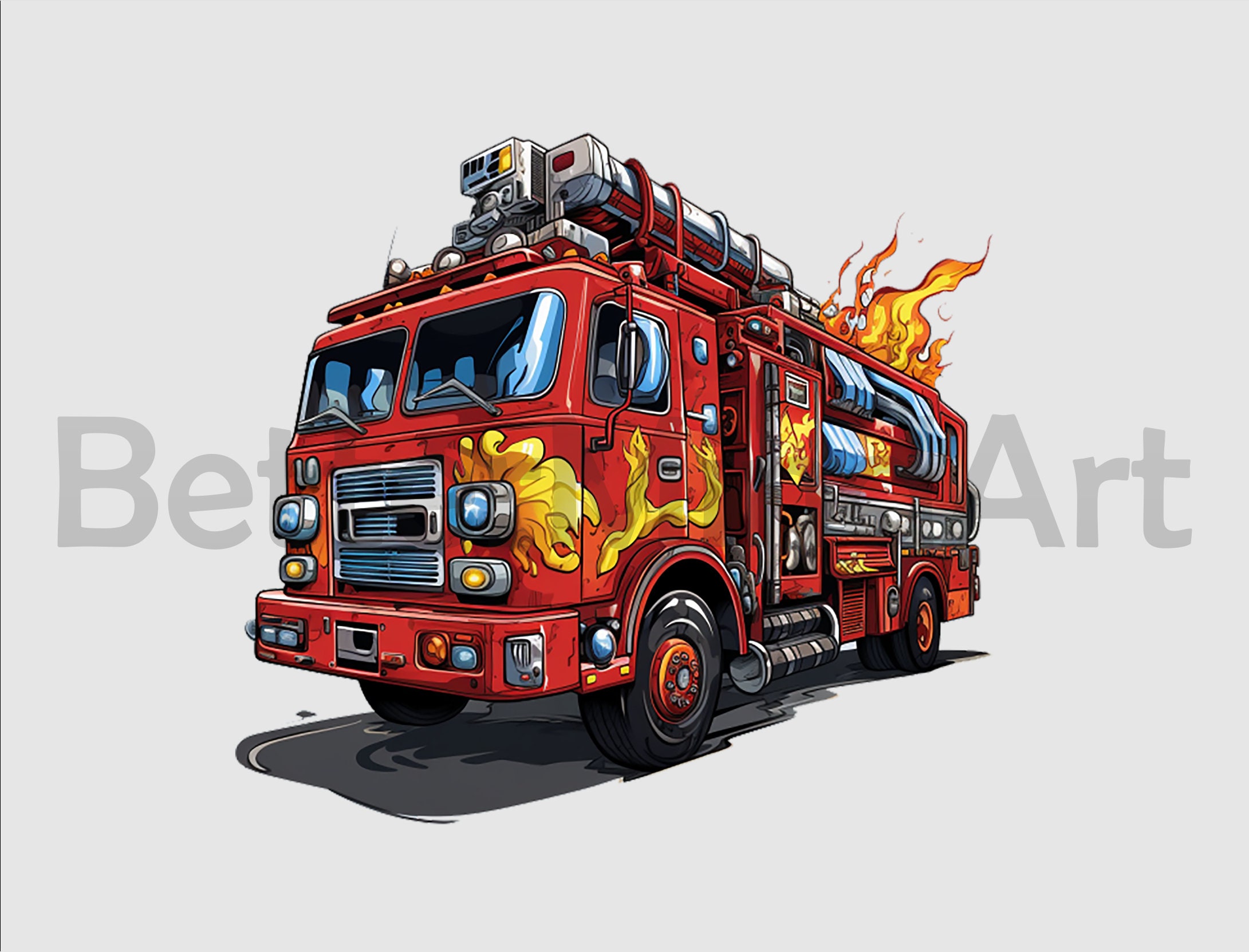 Flaming Firetruck Engine #888 PNG Sublimation Designs - Firetruck PNG ...