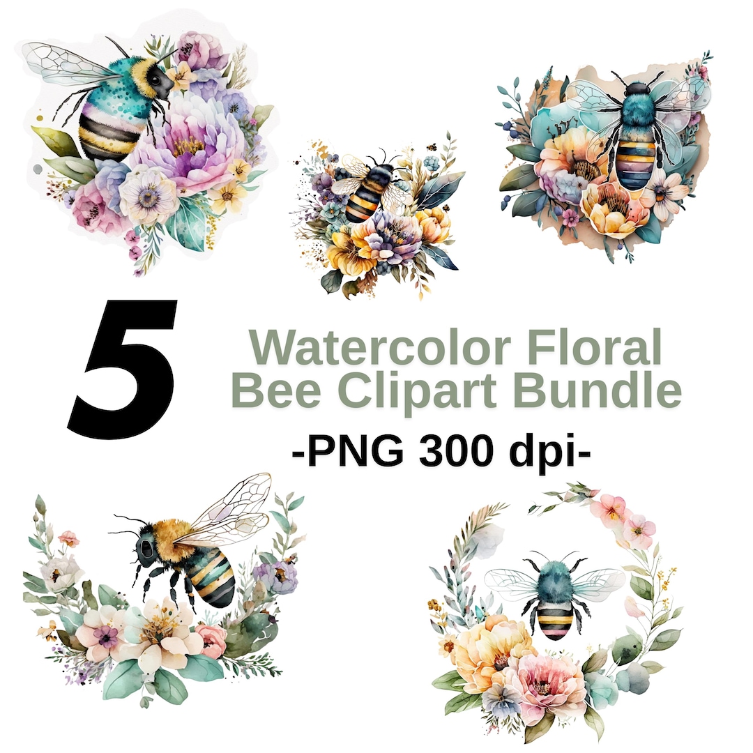 5 Watercolor Floral Bee Clipart PNG Bundle | Bumble Bee and Flower ...