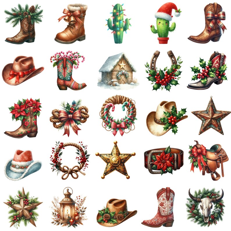 25 Watercolor Christmas Western Clipart Bundle PNG | Cowboy Boots Hats ...