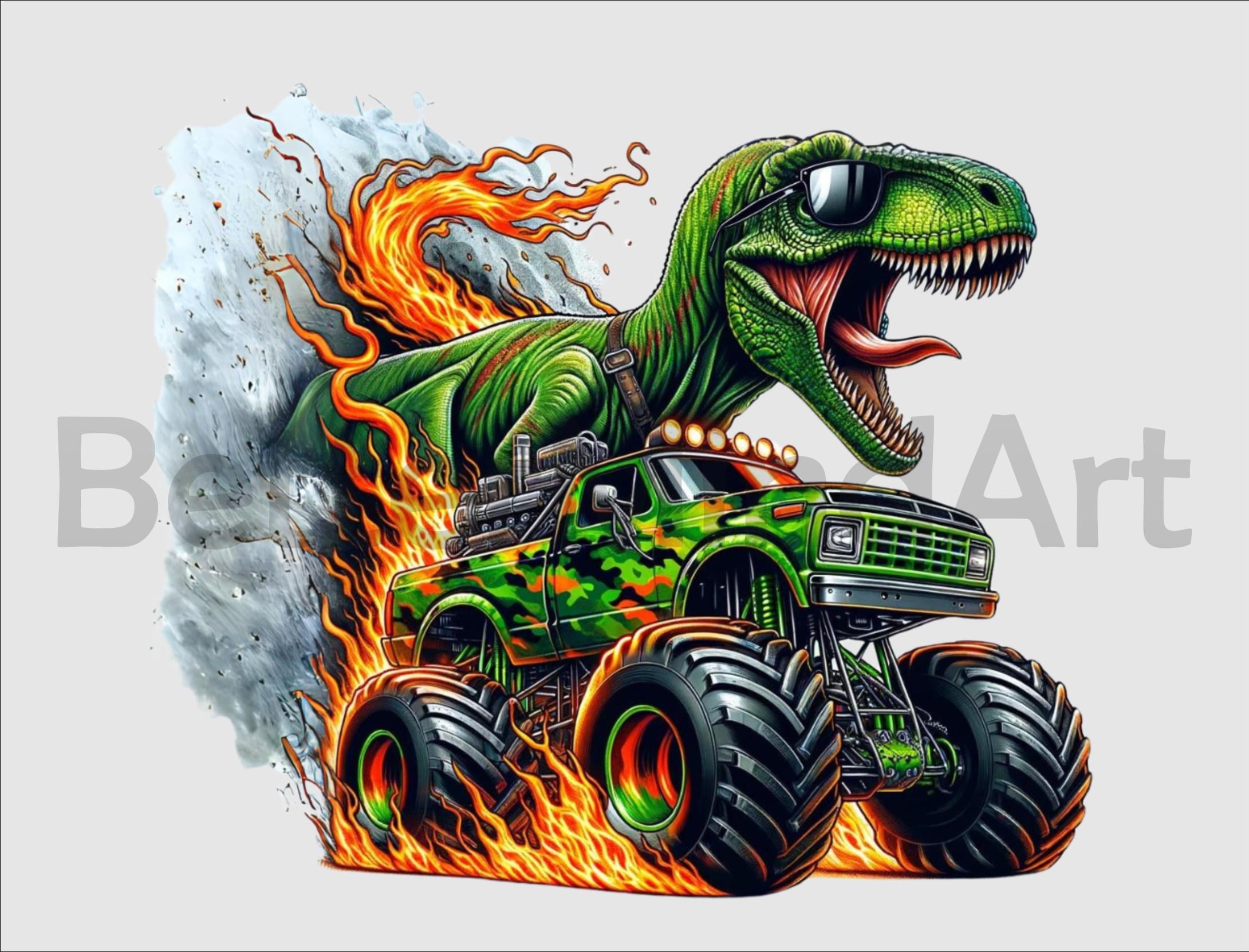 Crazy Dinosaur Driving Monster Truck 02 Sublimation Designs - Monster ...
