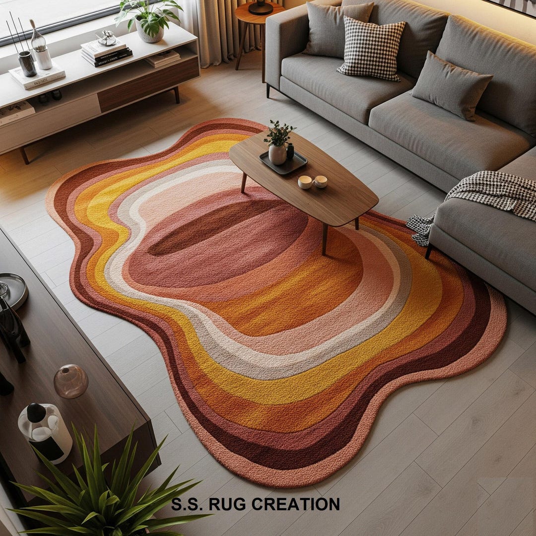 Handmade Tufted Irregular Shape Area Rug Warm Gradient Concentric Waves ...