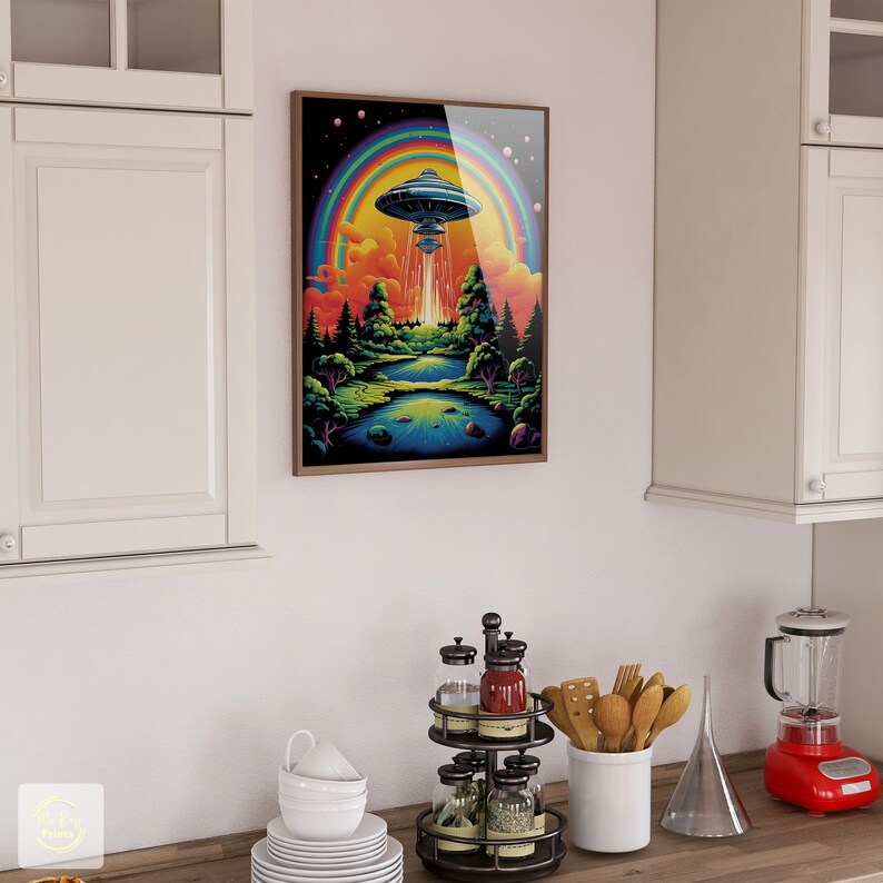 Spaceship and Rainbow Vintage Poster, Psychedelic Trippy Poster, Colorful, Surreal Art, Space ...