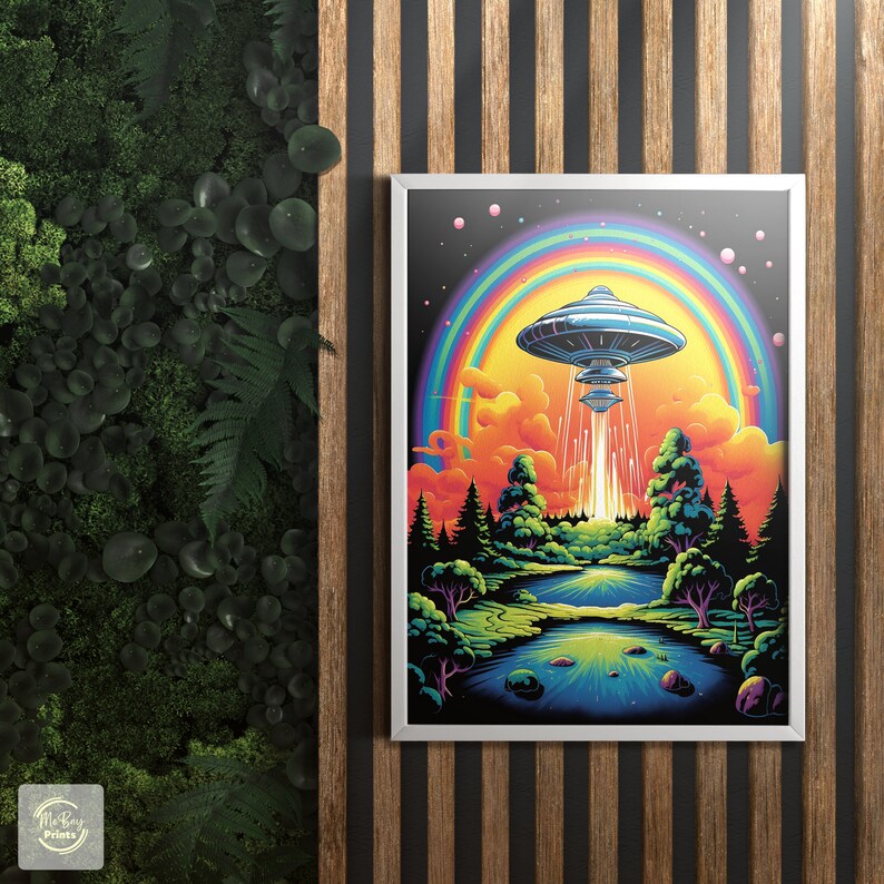 Spaceship and Rainbow Vintage Poster, Psychedelic Trippy Poster ...