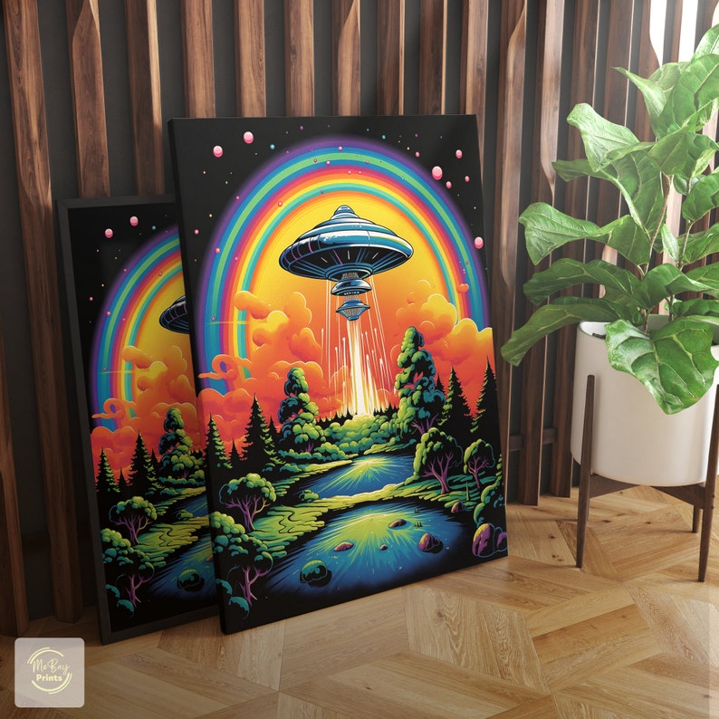 Spaceship and Rainbow Vintage Poster, Psychedelic Trippy Poster ...