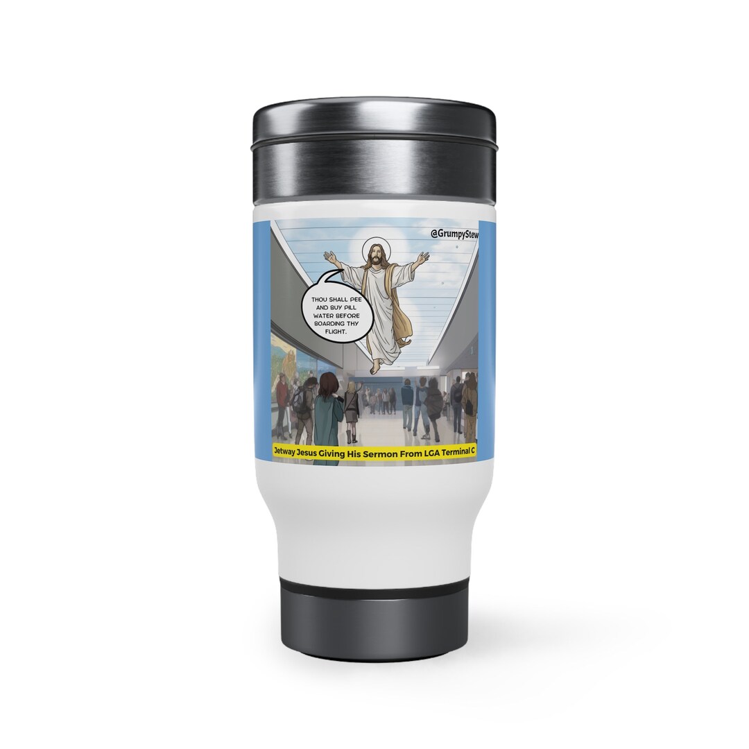 The Gospel of Jetway Jesus Stainless Steel Travel Mug With Handle, 14oz ...