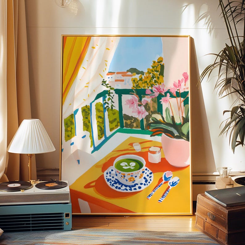 Matcha Tea Art Print: Japanese Flowers, Open Window Painting (digital ...