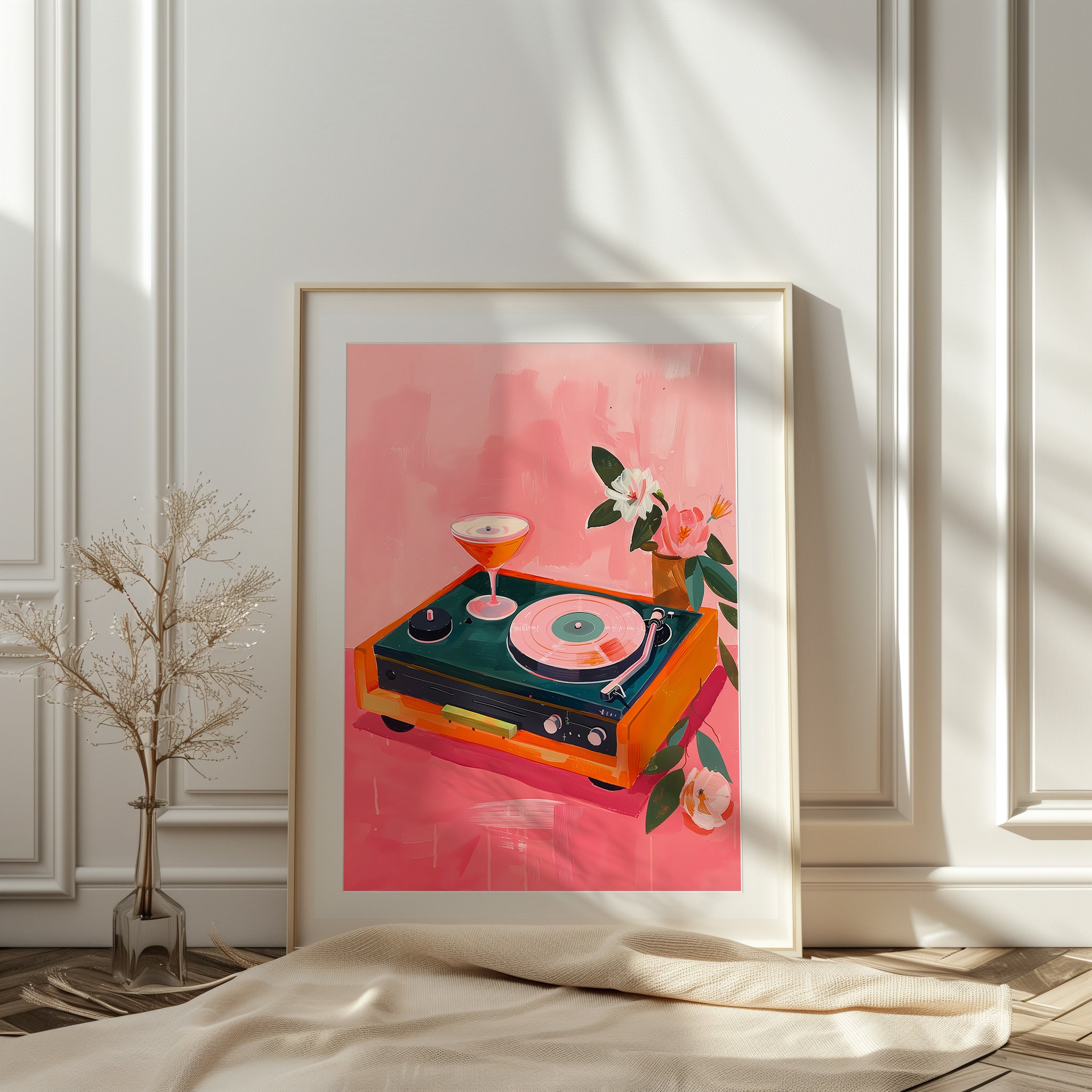 Vintage Record Player Print Espresso Martini Poster Flowers Pink Wall ...