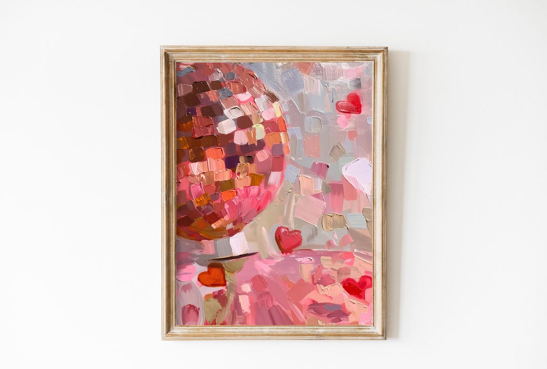 Vday Heart Shaped Mirrorball Poster, Pink Love Disco Ball Decor, Soft ...