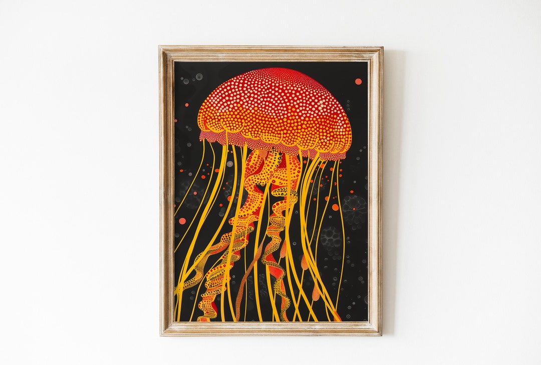 Jellyfish Psychedelic Art Print: Bright Yellow Minimalist Wall Decor ...