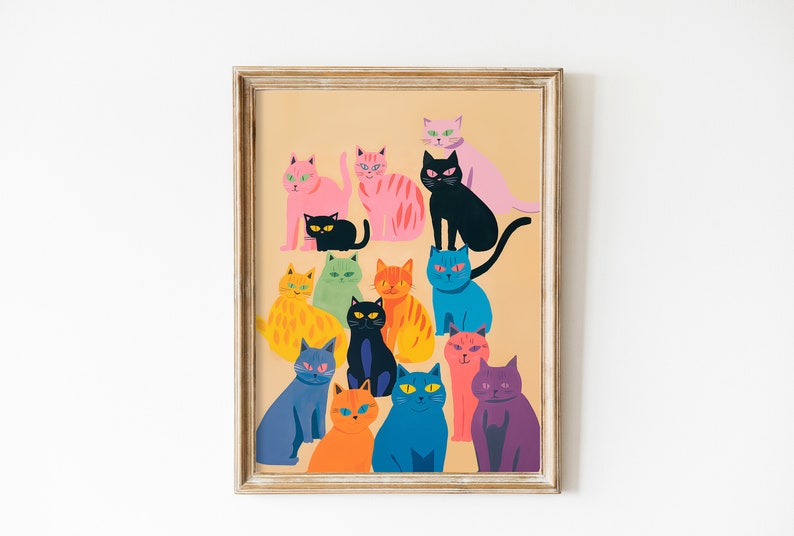 Cute Cats Wall Art Cat Lover Printable Download Colorful Cat Artwork ...