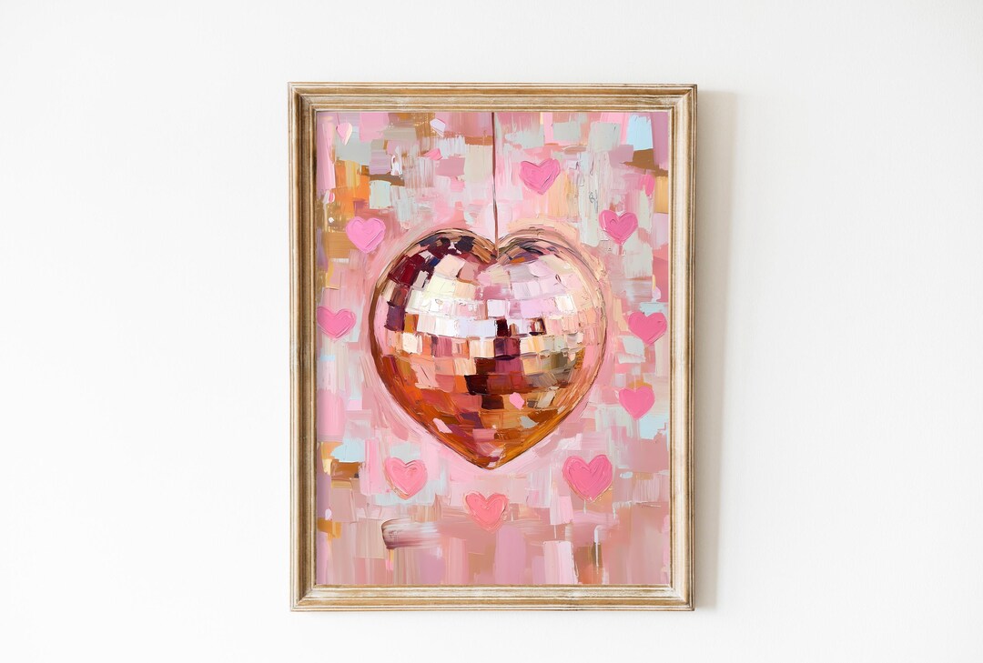 Vday Heart Shaped Mirrorball Poster, Pink Love Disco Ball Decor, Soft ...