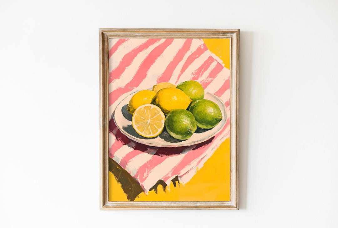 Lemons Art Print, Lemons and Stripes Art, Danish Pastel Soft Pink ...