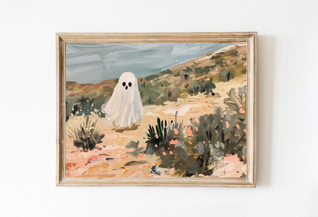 Vintage Painting of a Cute Ghost in the Desert, Retro Western Halloween ...
