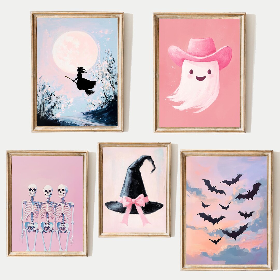 Vintage Halloween Wall Art Bundle, Set of 5 Prints, Retro Spooky Art ...