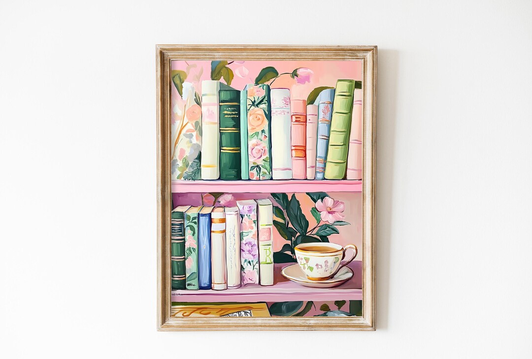 Pastel Book Stack Painting | Whimsical Bookshelf Wall Art | Reading ...