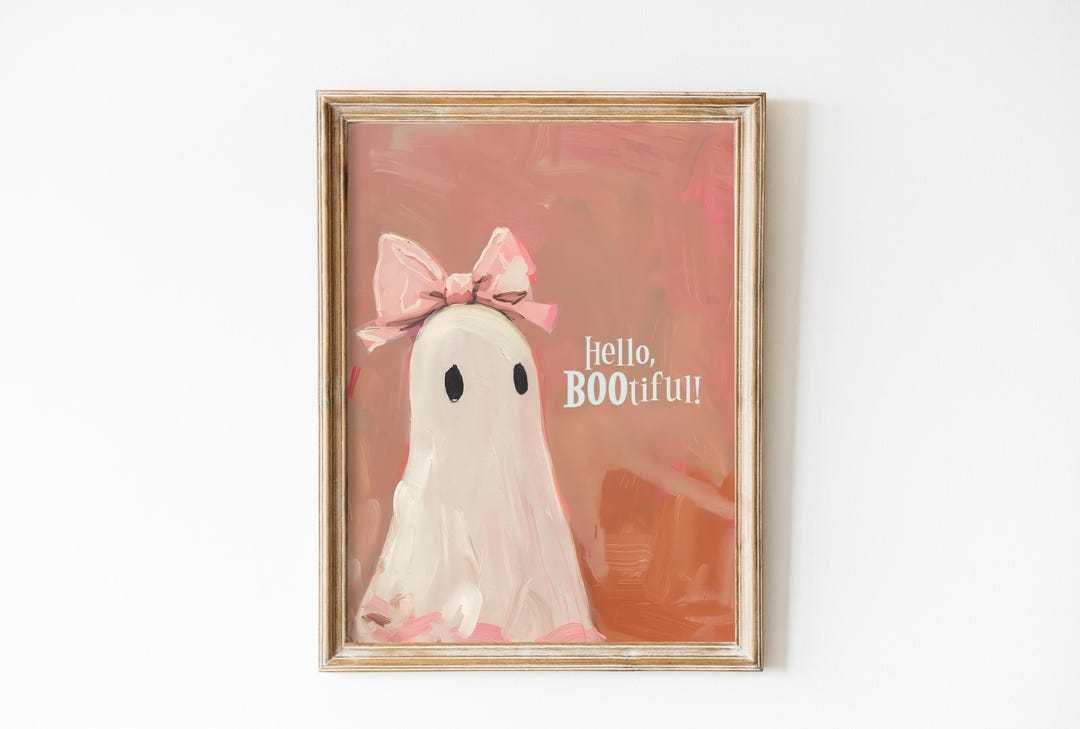 Vintage Pink Bow Ghost Wall Art Print, Halloween Nursery Decor, Preppy ...
