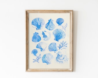 Summer Shell Print, Bathroom Print, Blue Seashells Print, Coastal Wall ...