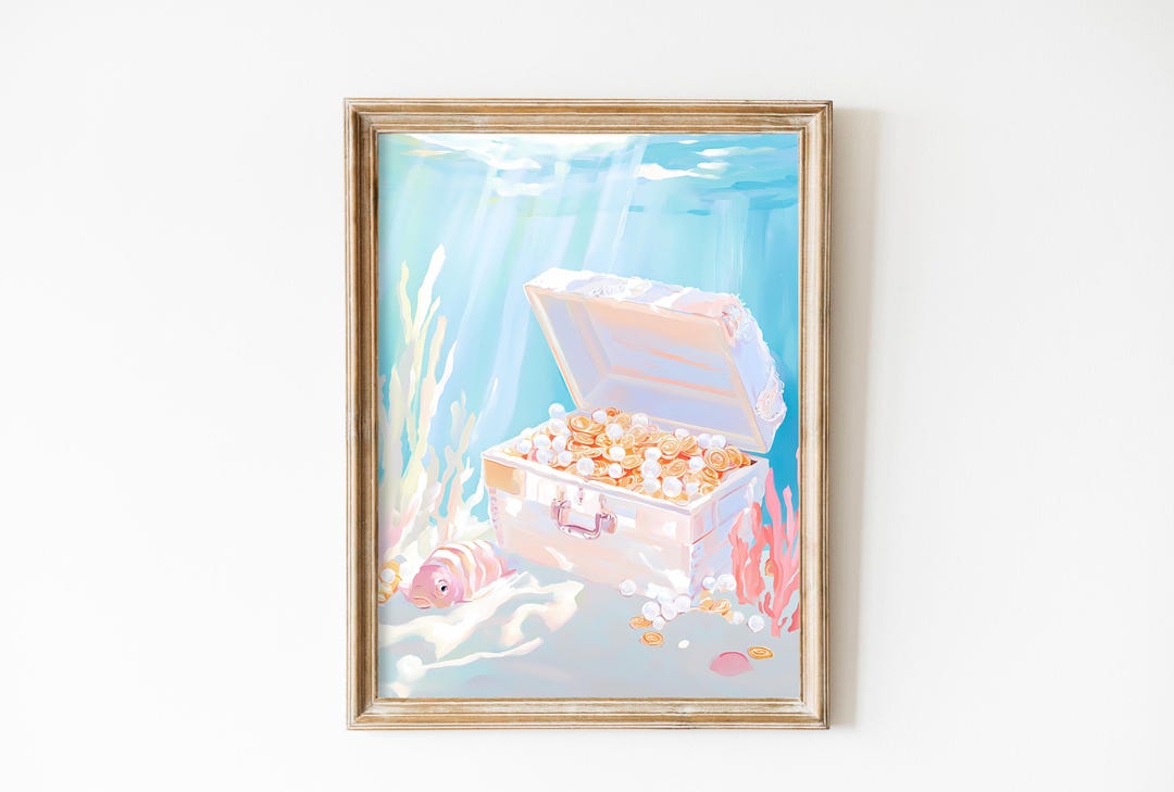Mermaid Treasure Chest Painting: Whimsical Coastal Art Print (digital ...