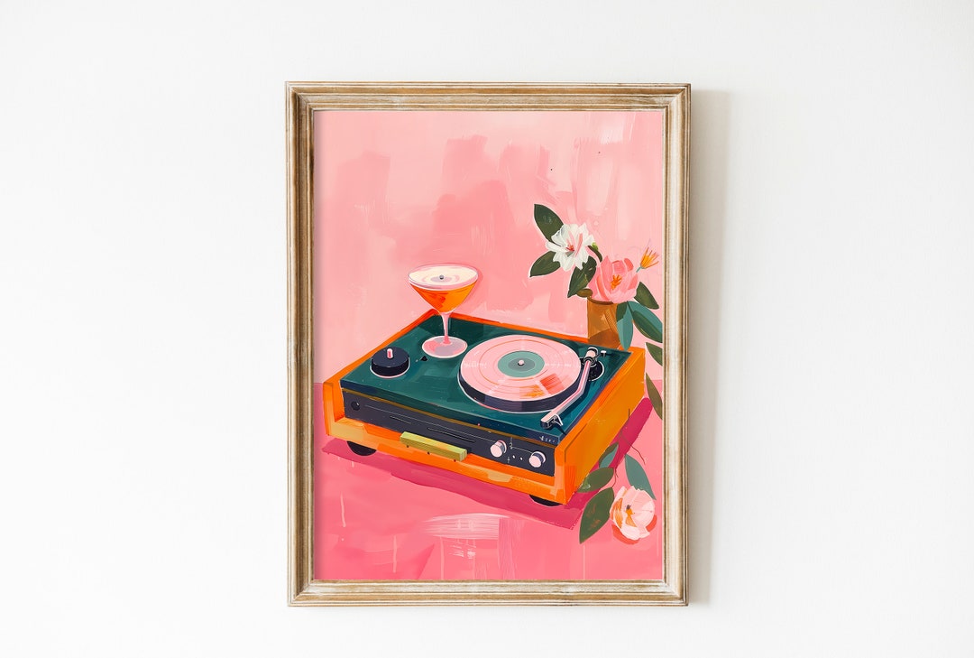 Vintage Record Player Print Espresso Martini Poster Flowers Pink Wall ...