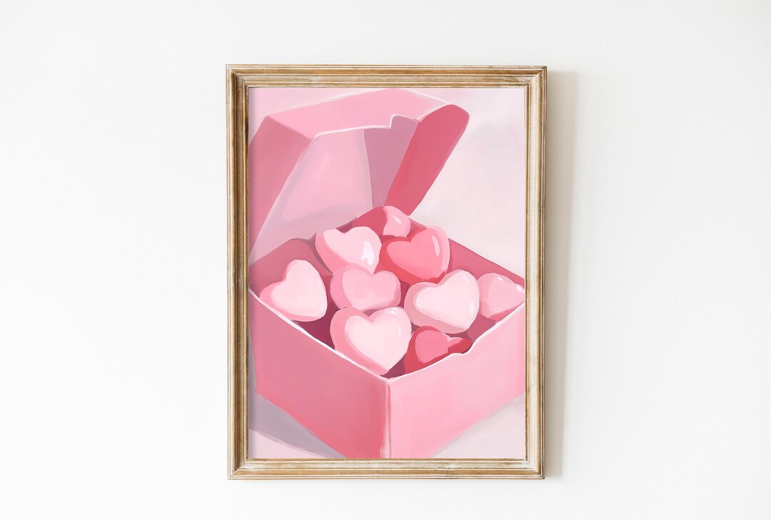 Heart Shaped Chocolate Box Pink Wall Art, Pastel Vday Wall Art Print ...