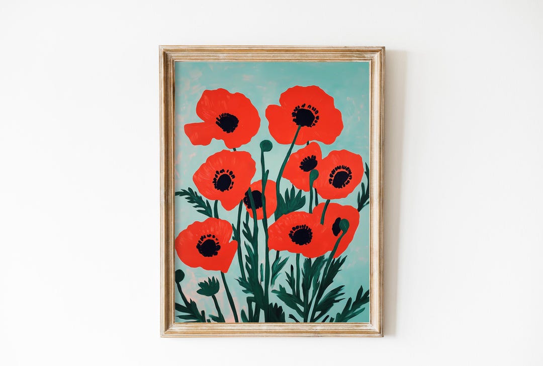 Poppy Art Print: Turquoise Blue Botanical Poster (digital Download) - Etsy