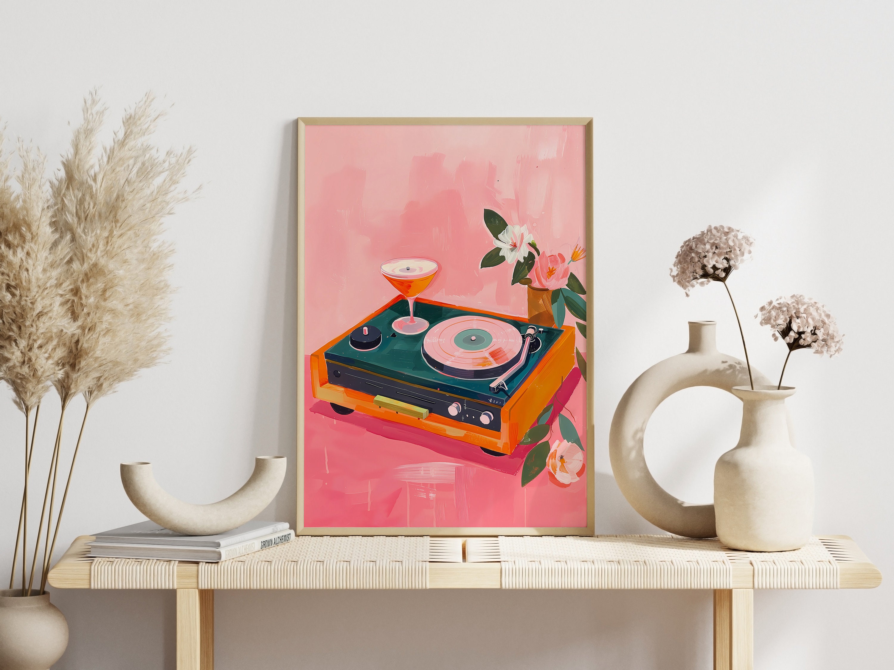Vintage Record Player Print Espresso Martini Poster Flowers Pink Wall ...