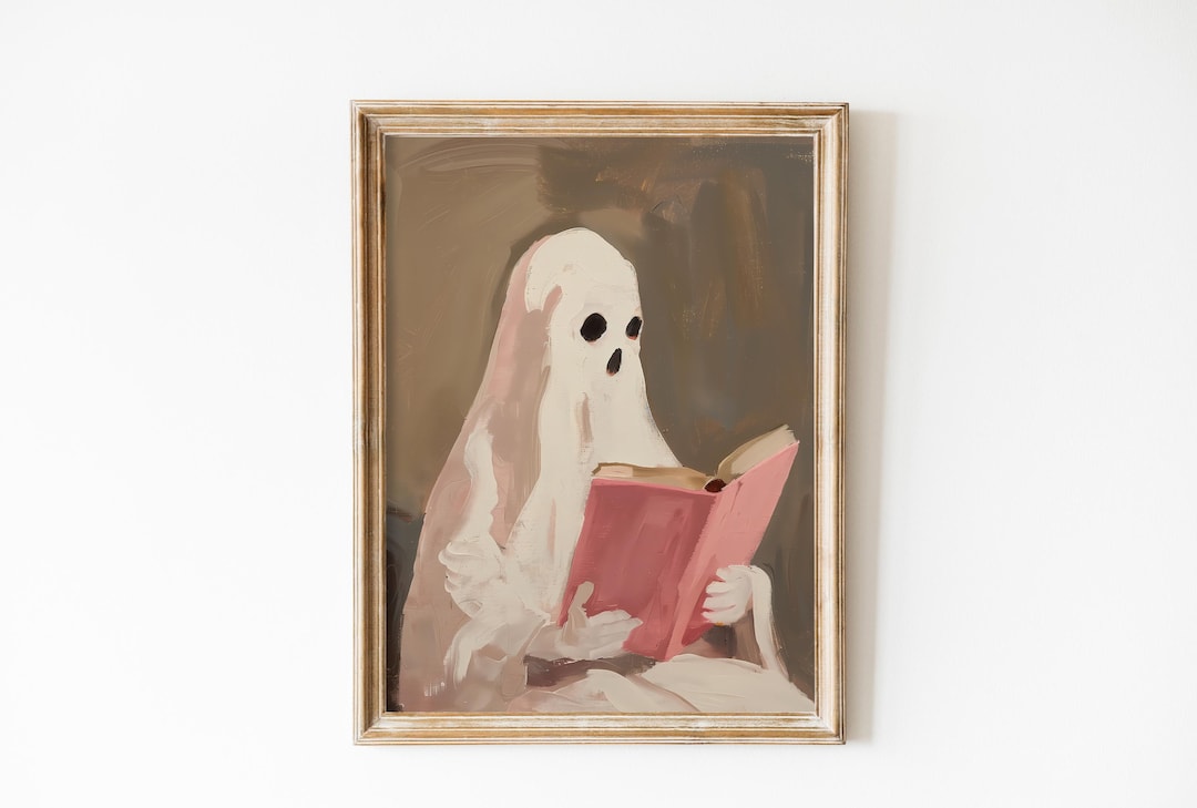 Vintage Ghost Reading Halloween Wall Art, Books Library Decor, Book ...