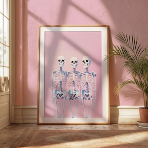 Pink Skeleton Printable Wall Art, Vintage Skeleton Halloween Print ...