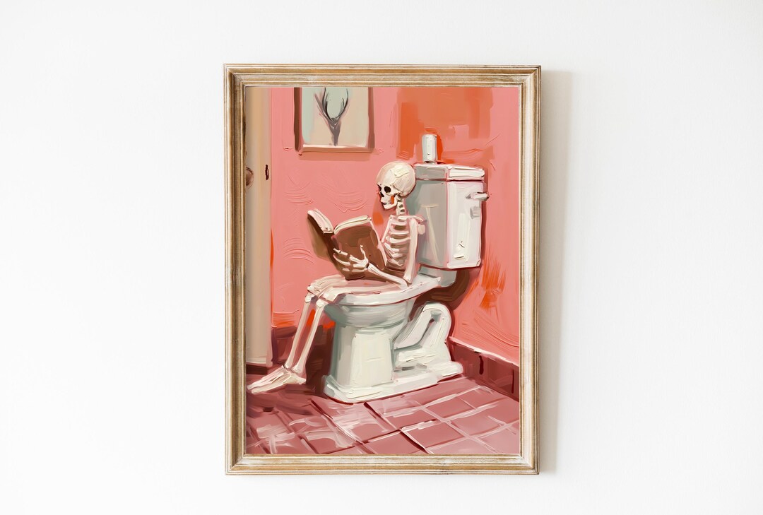 Vintage Bathroom Halloween Print, Pink Skeleton Wall Art Art, Cute ...