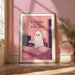 Pink Halloween Ghost Coffee Art Print: Spooky Barista Decor (digital ...