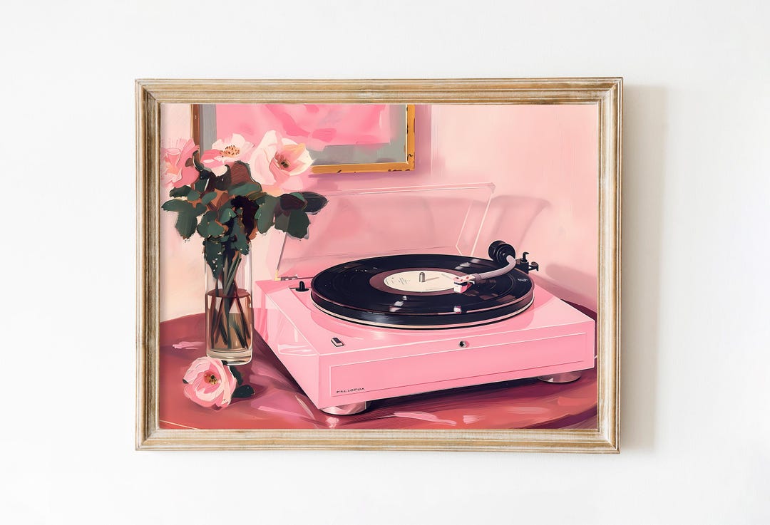Vintage Record Player Print, Y2K Room Decor Flowers Pink Wall Art Retro ...