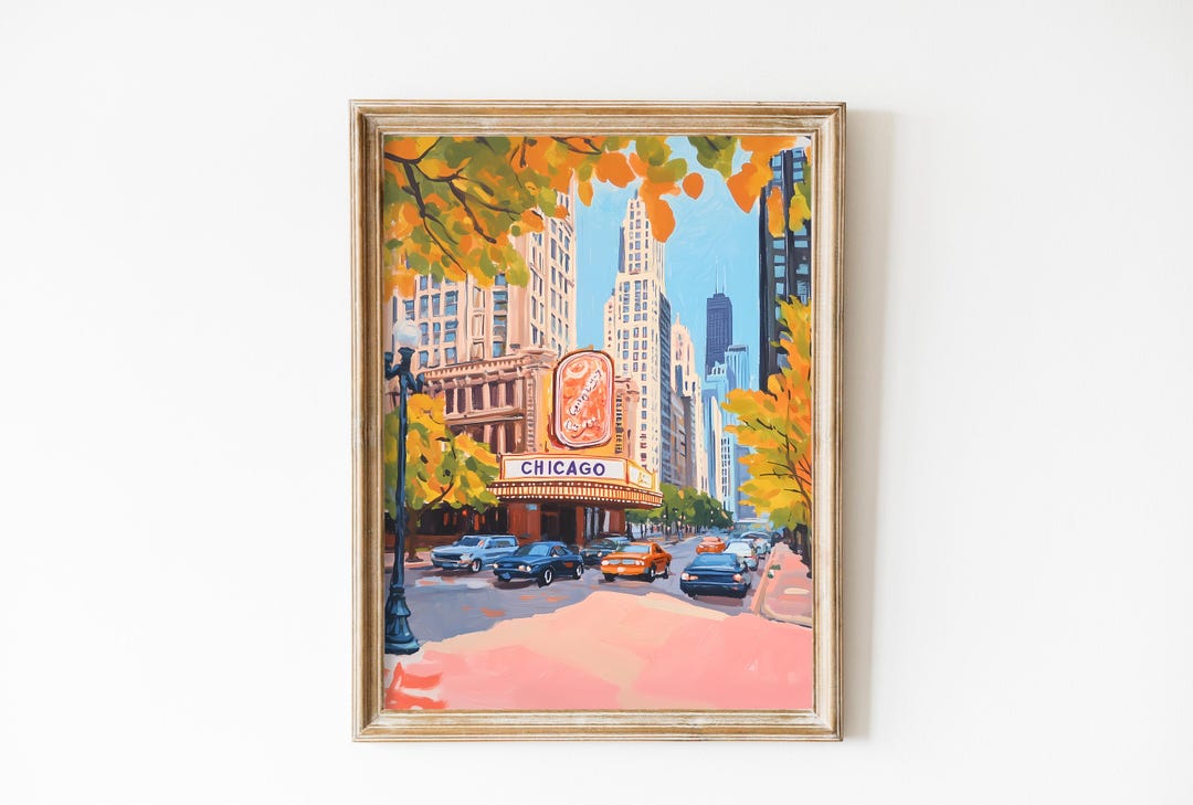Retro Chicago Poster, Soft Pink Chicago Wall Art, Vintage Chicago Oil ...