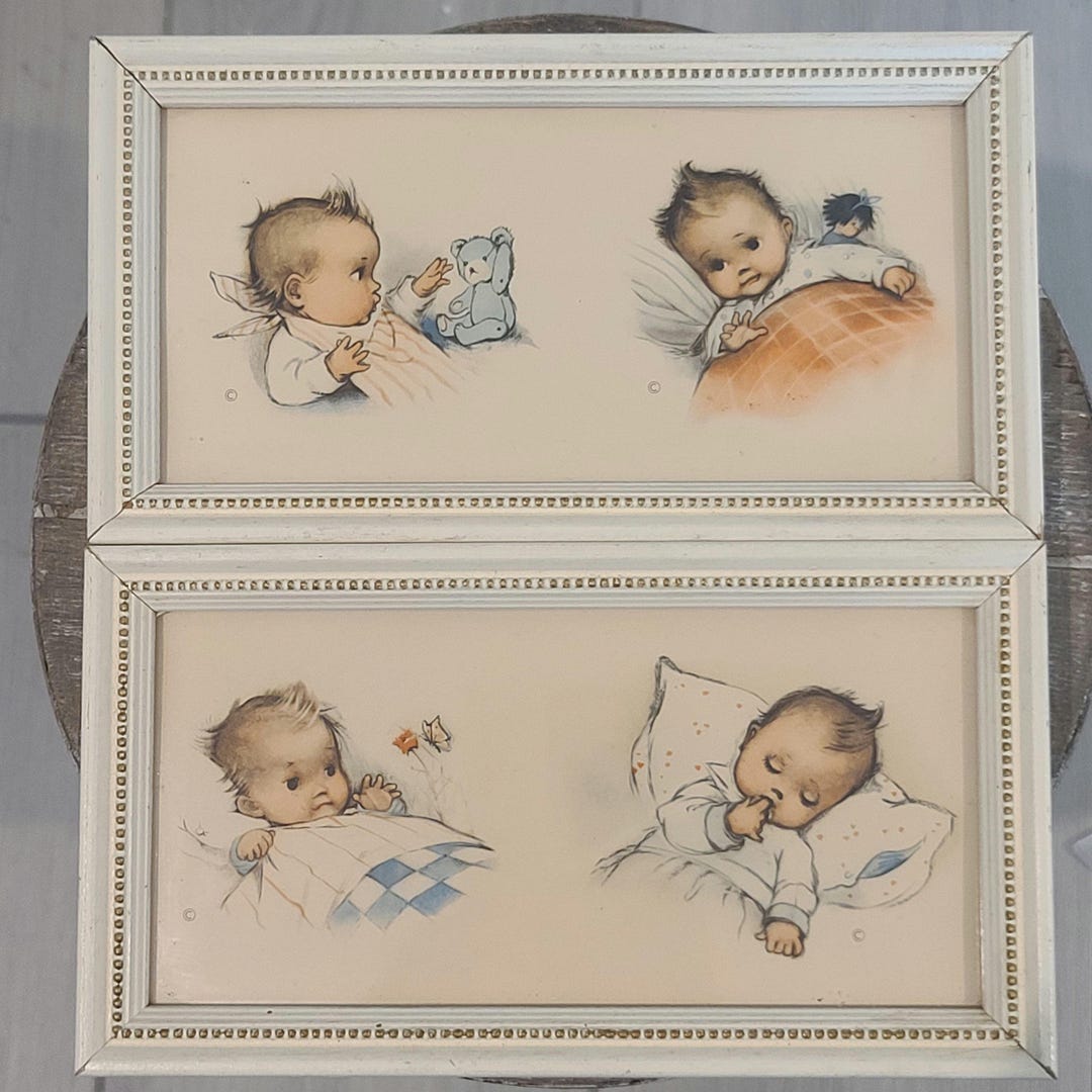 Set of 2 Vintage Kunst Adelt Lithograph GENEVIEVE Framed Nursery Baby ...