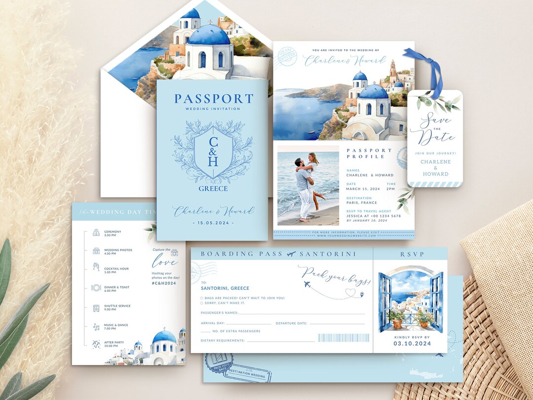 Greece Wedding Invite Template, Santorini Wedding Invite Passport ...