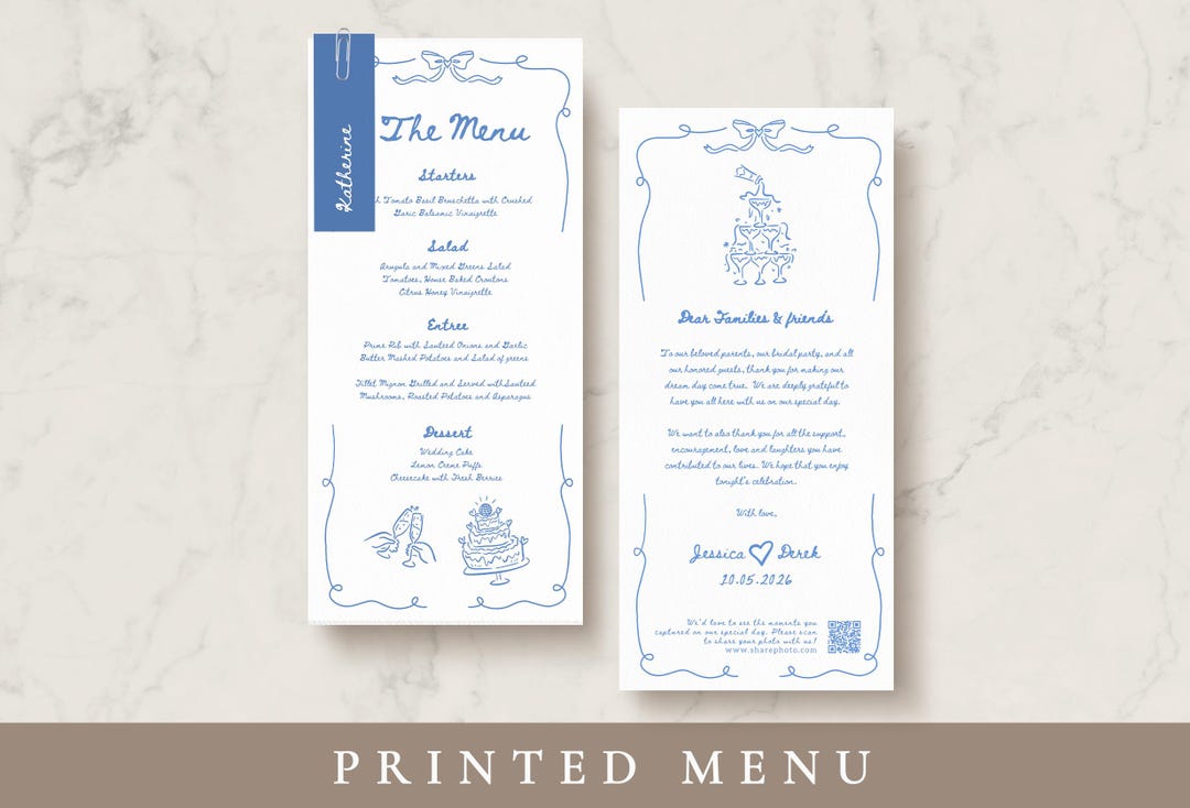 Whimsical Thank You Wedding Menu With Place Card Wedding MENU Whimsical ...