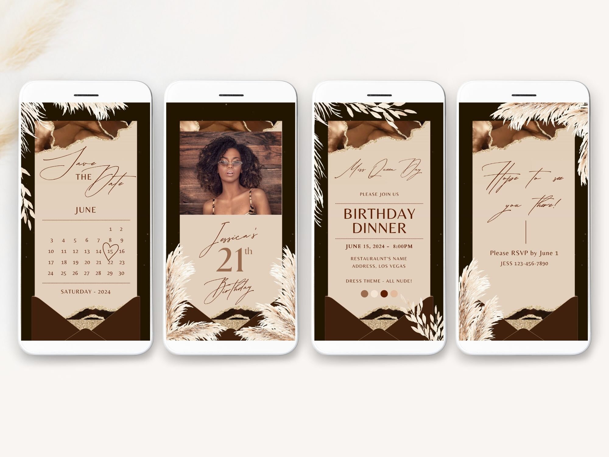 Digital Brown Birthday Party Invitation, Brown Birthday Card Digital ...