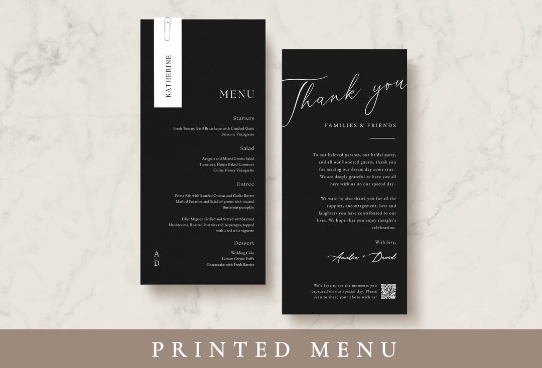 Black Wedding Menu Card Black Menu Card Black Bar Menu Place Card ...