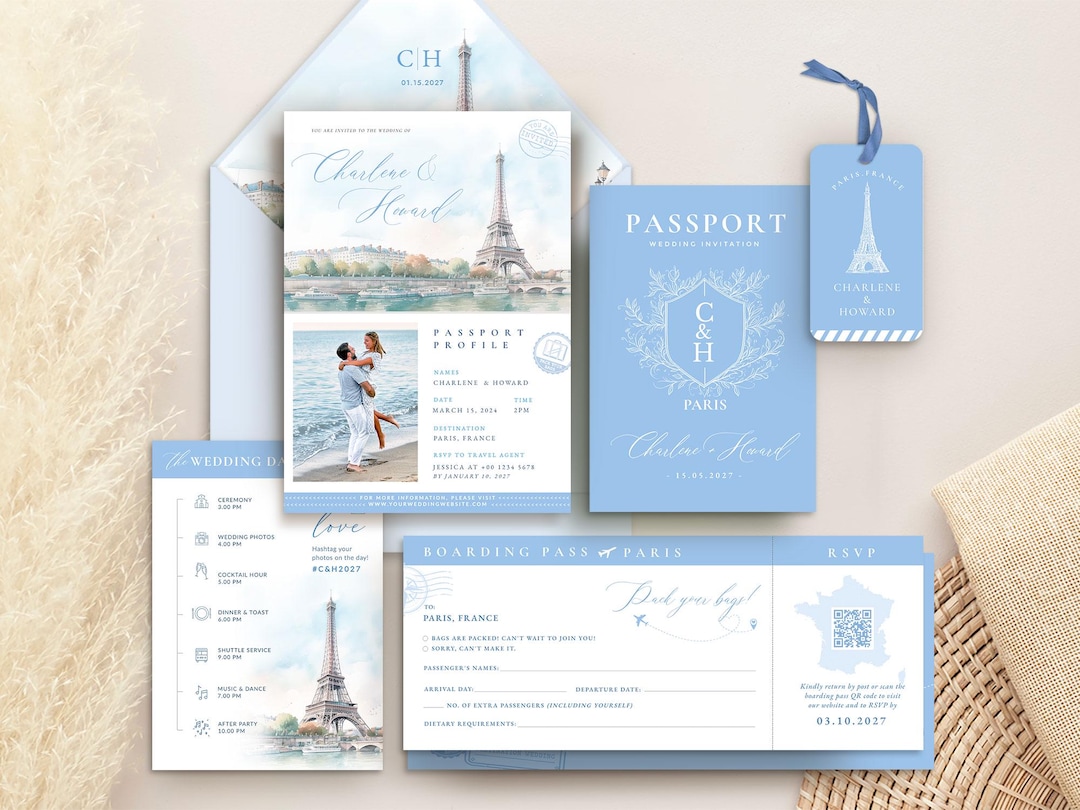 Paris Invitation French Wedding Invite Set France Passport Wedding ...
