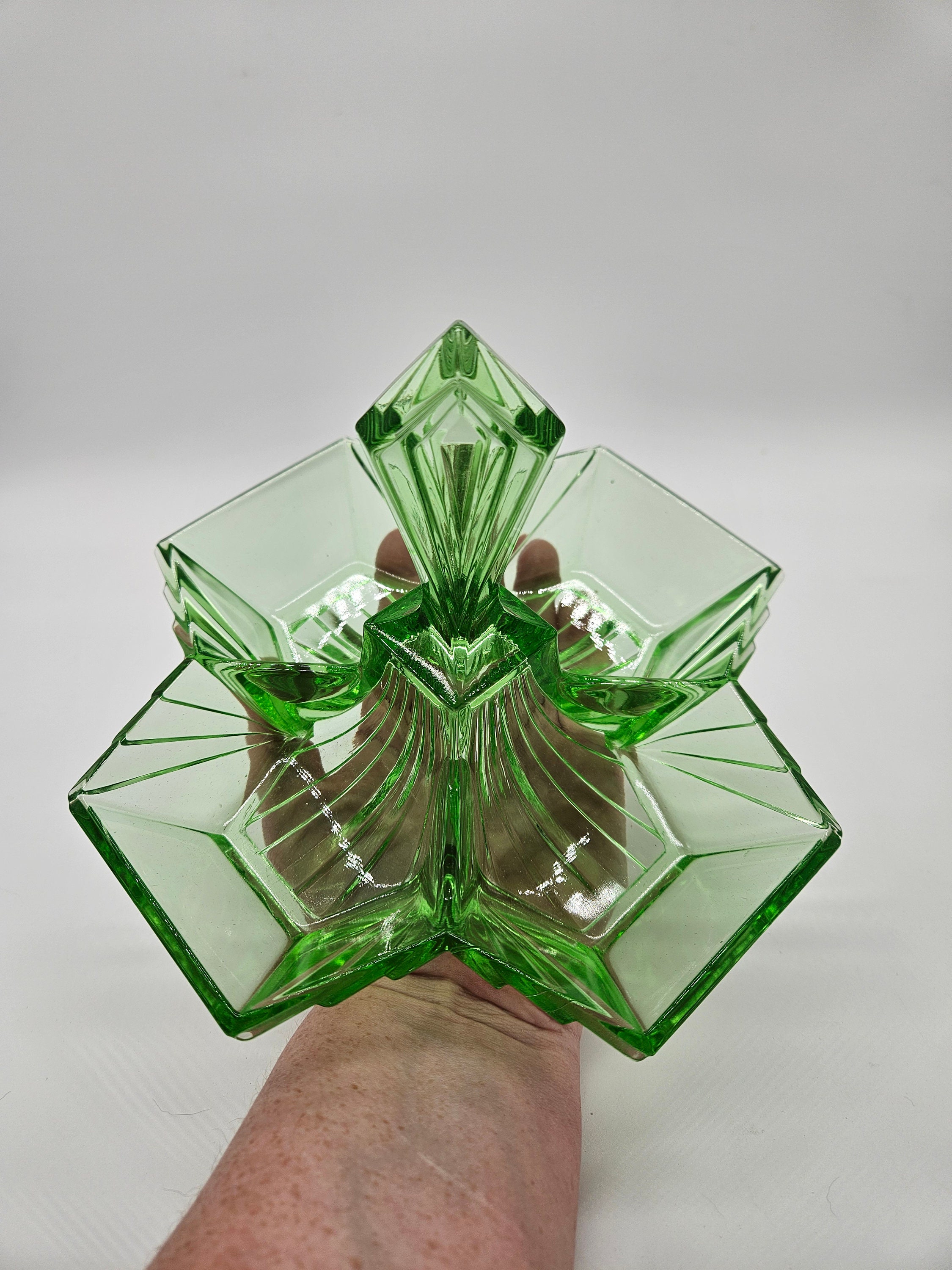 1930s Indiana Glass Great Pyramid Green Uranium Vaseline Handled Relish ...