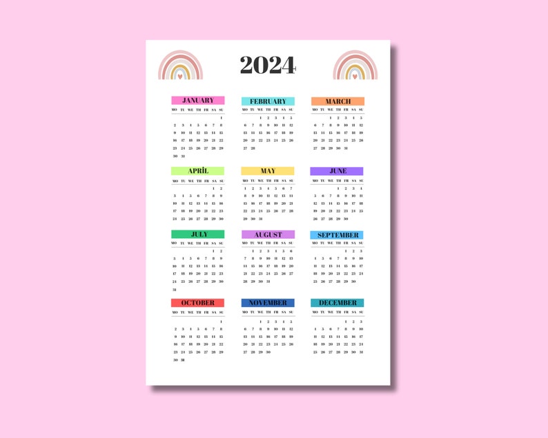Calendario Arcoiris 2024 Calendario 2024 Imprimible Etsy Espa A