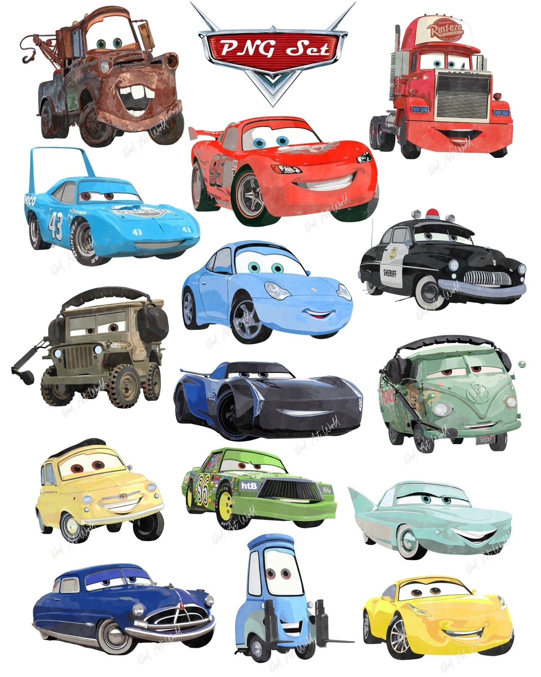 Set of 15 DISNEY CARS, Lightning Mcqueen, Disney Cars, Watercolor Png ...