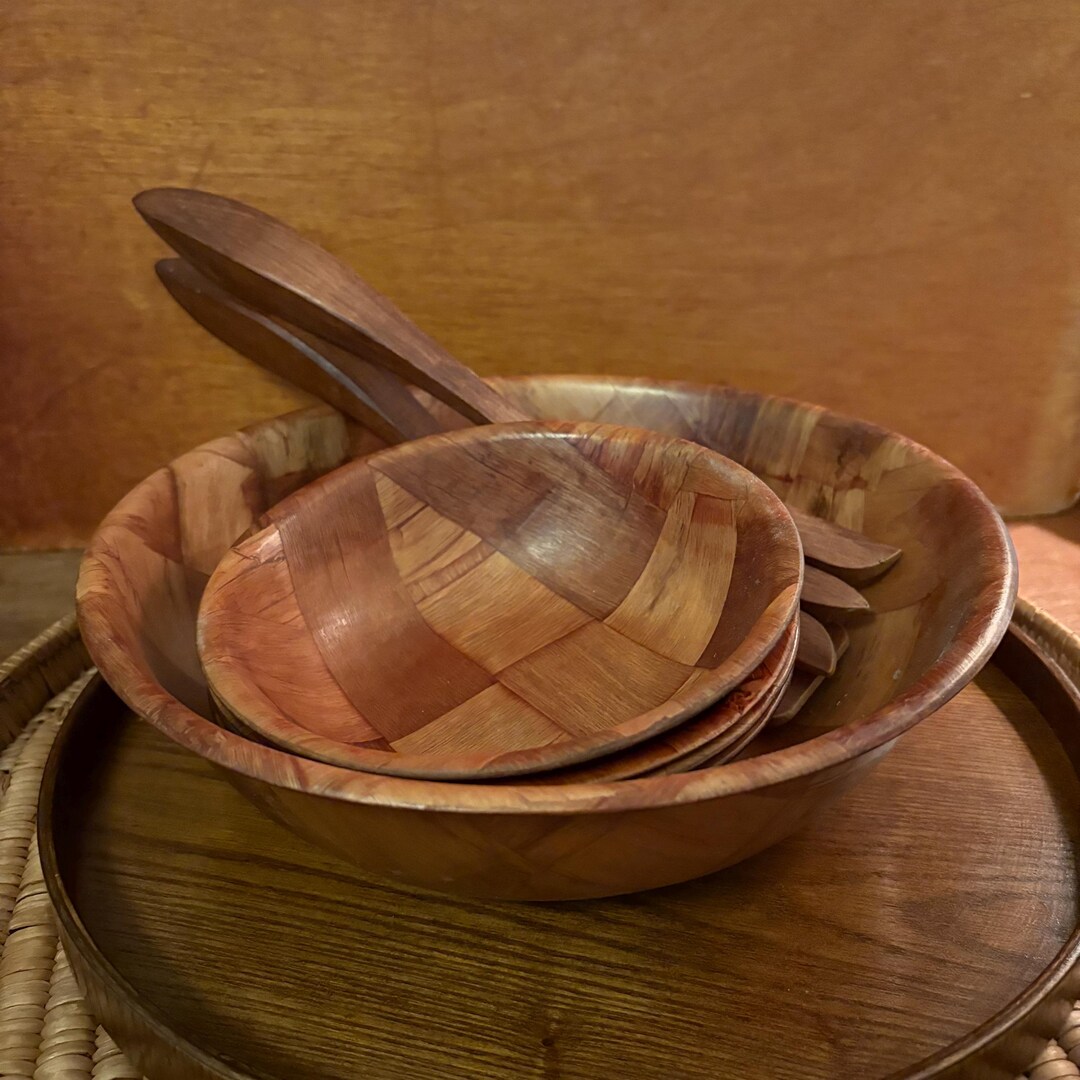 Weaved Wood Salad Bowl Set - Etsy