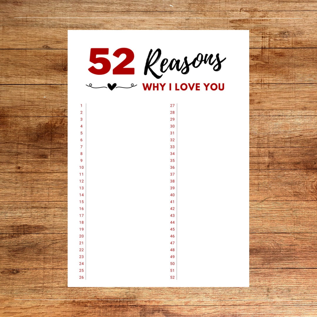 52 Reasons Why I Love You Printable List A4. Red, White & Black Design ...