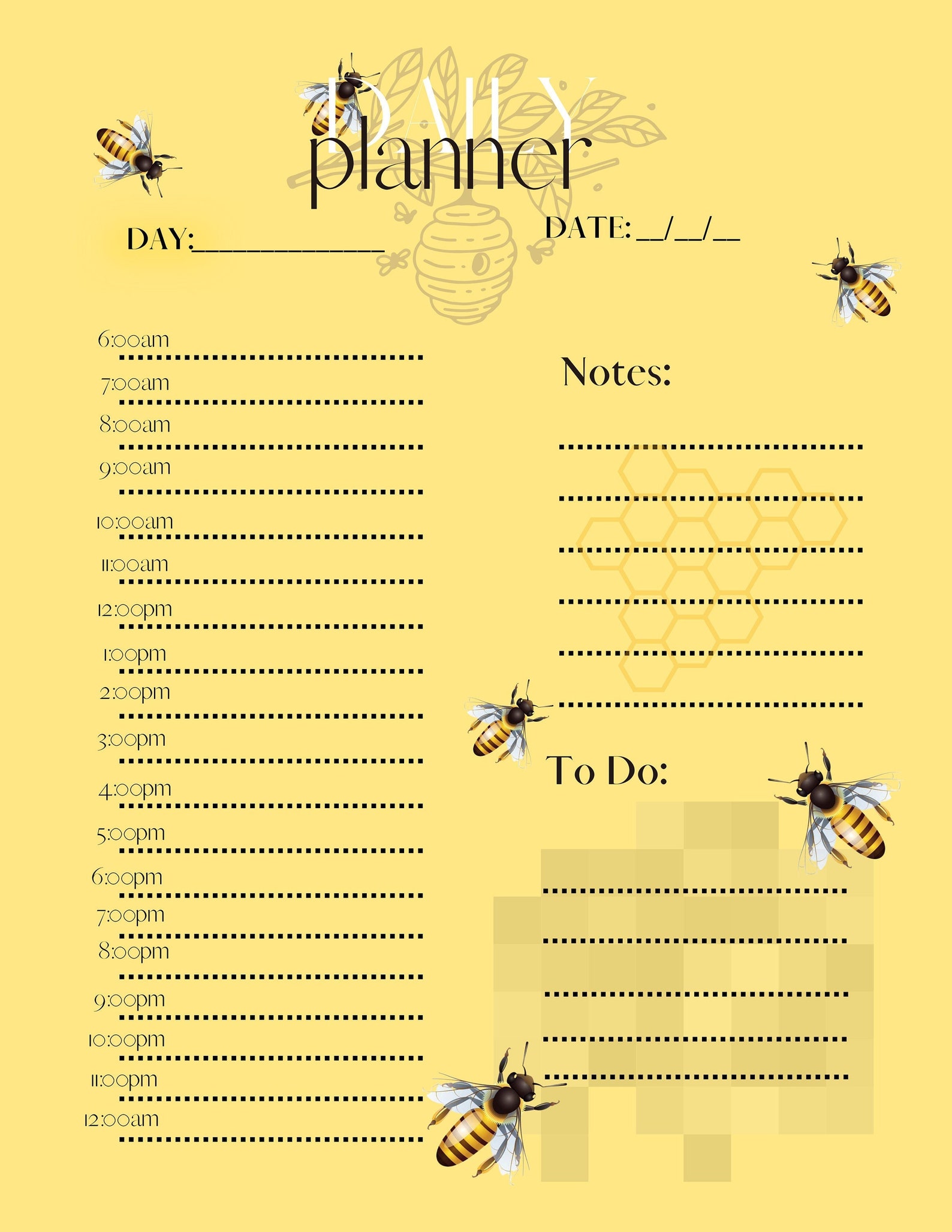 Bee Planner Sheet, Bee Printable Sheets, Bee Themed Planner Sheet, Bee ...